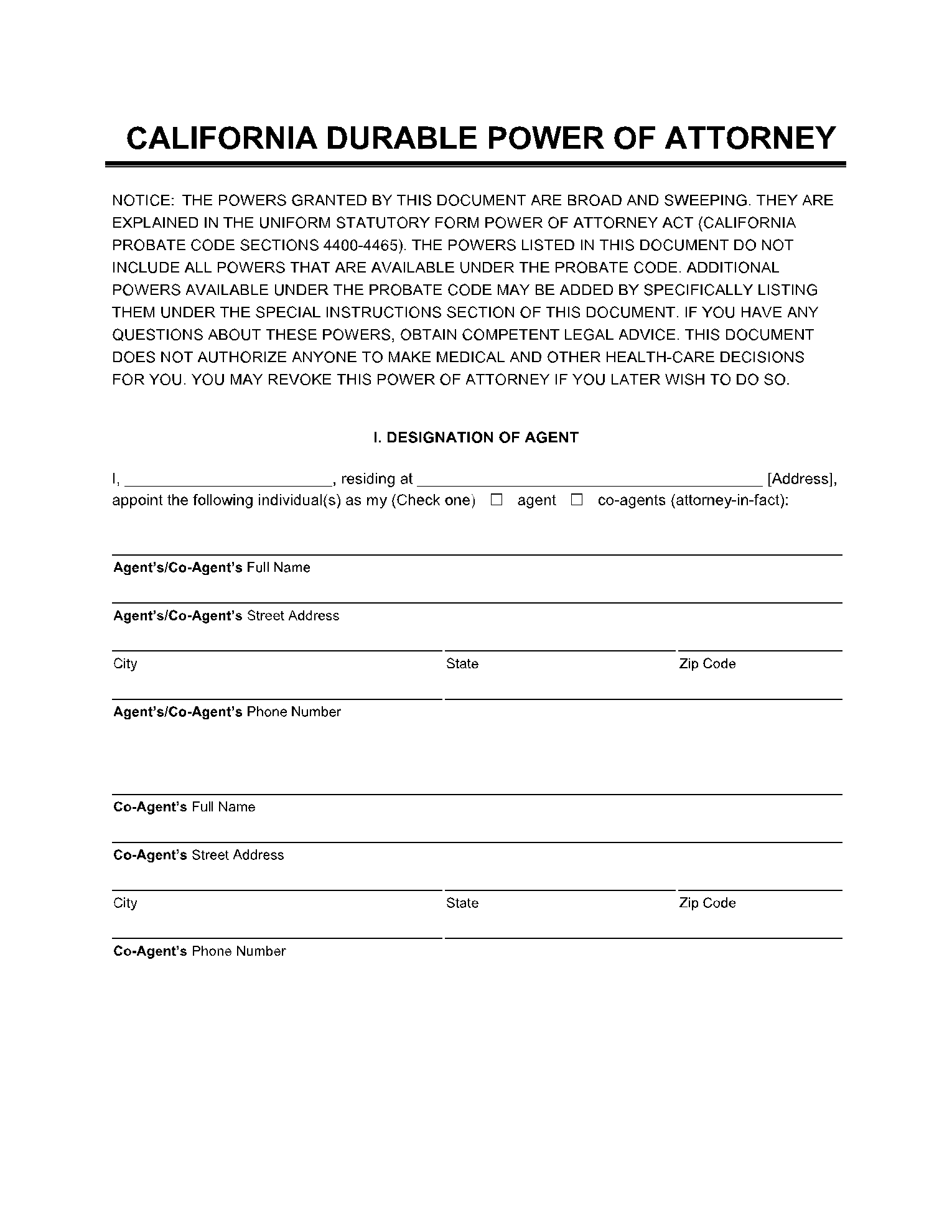 California Durable Power Of Attorney Forms FREE 